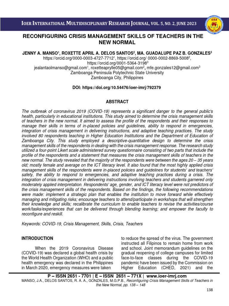 Reconfiguring Crisis Management Skills of Teachers in The New Normal | PDF | Emergency ...