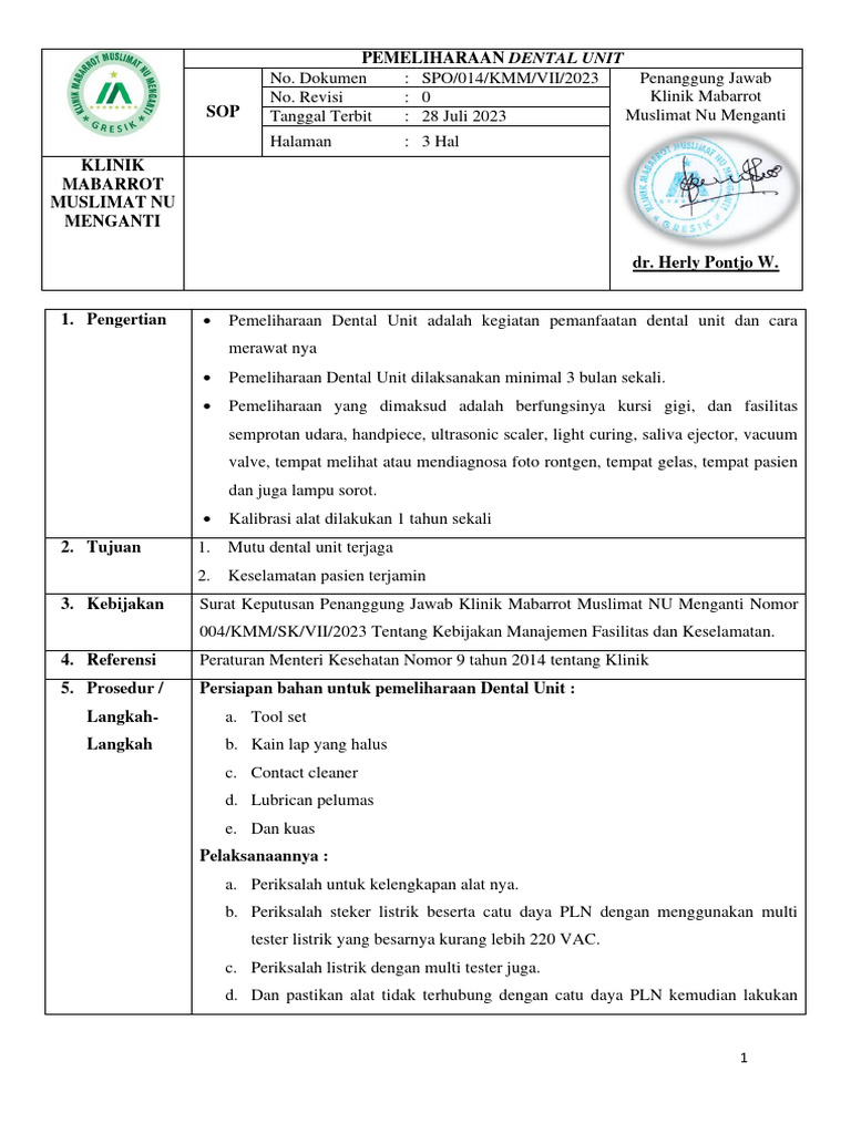 Sop Pemeliharaan Dental Unit | PDF | Griya & Taman | Sains & Matematika