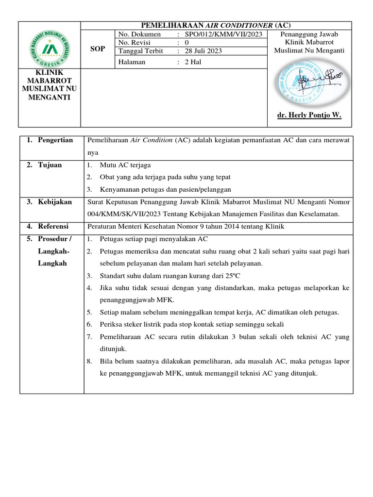 Sop Pemeliharaan Air Conditioner Ac Pdf