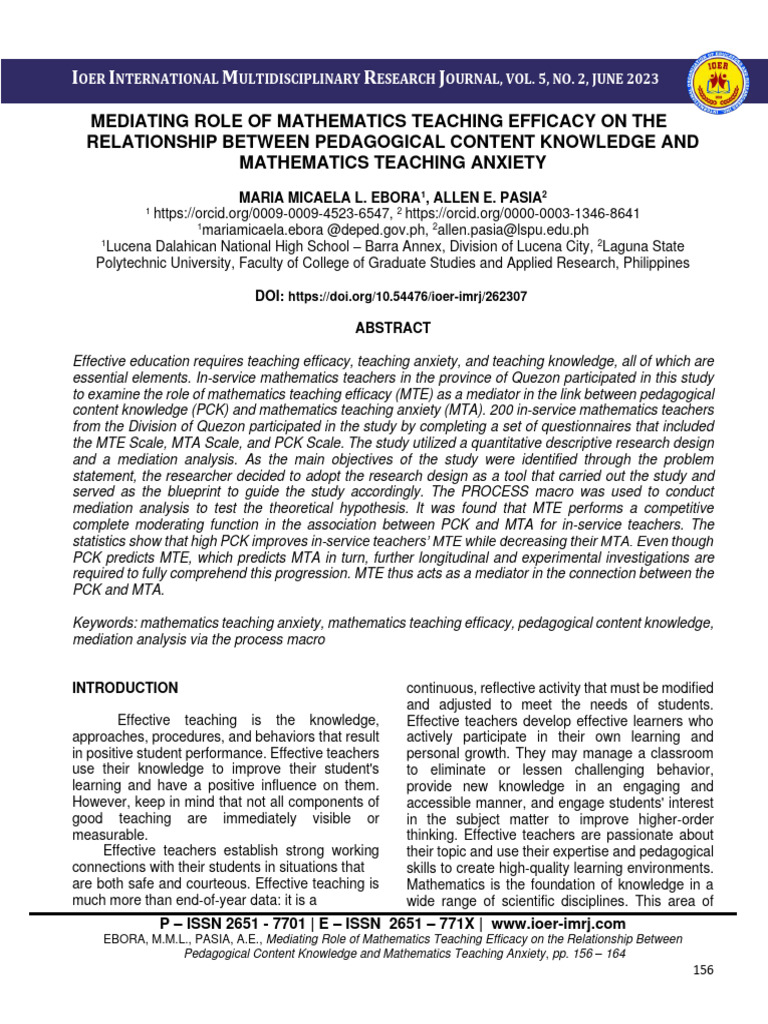 Mediating Role of Mathematics Teaching Efficacy On The Relationship Between Pedagogical Content ...