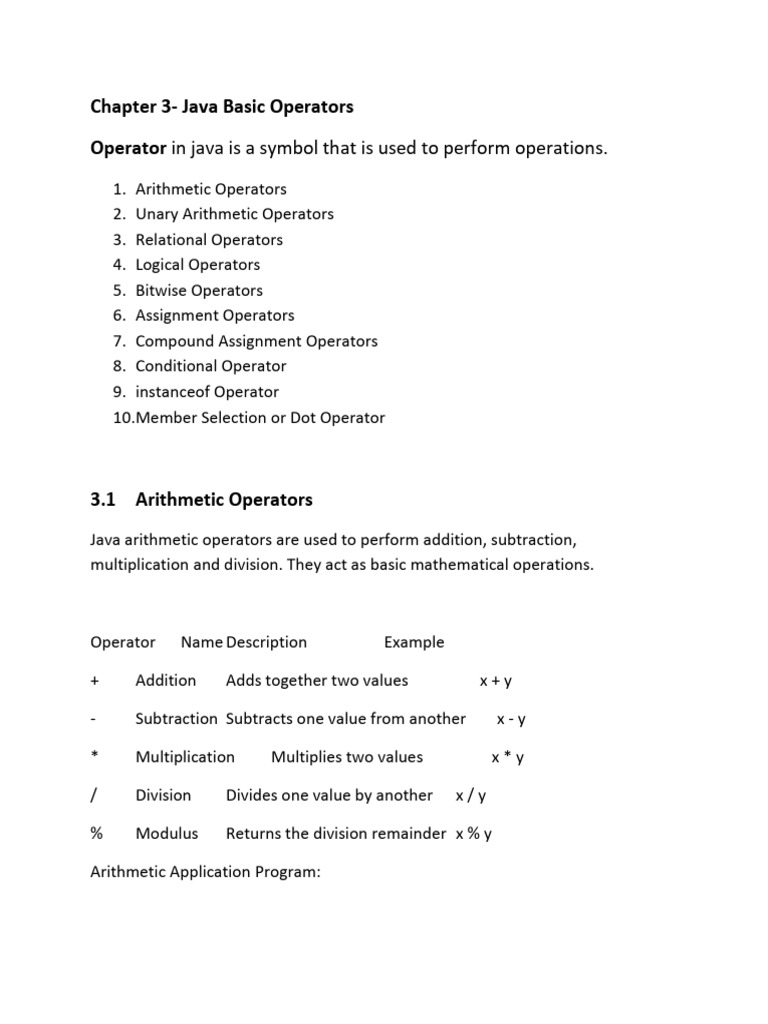 Chapter 3- Java Basic Operators | PDF | Software Development | Mathematical Logic