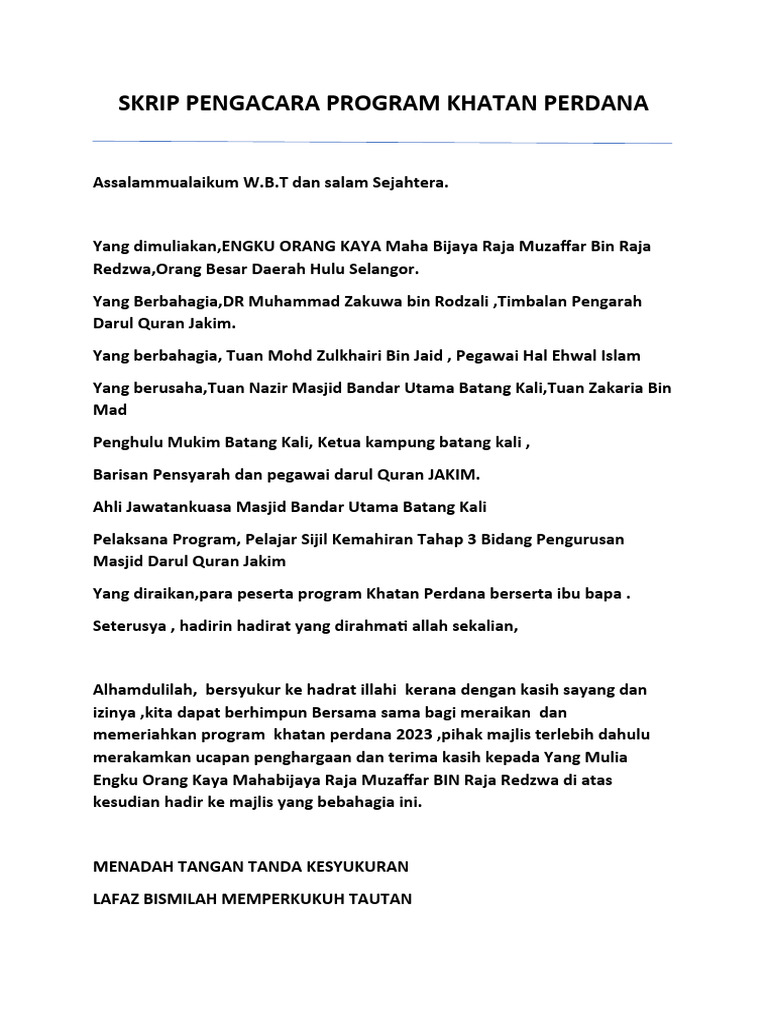 Skrip Pengacara Program Khatan Perdana 2023 | PDF