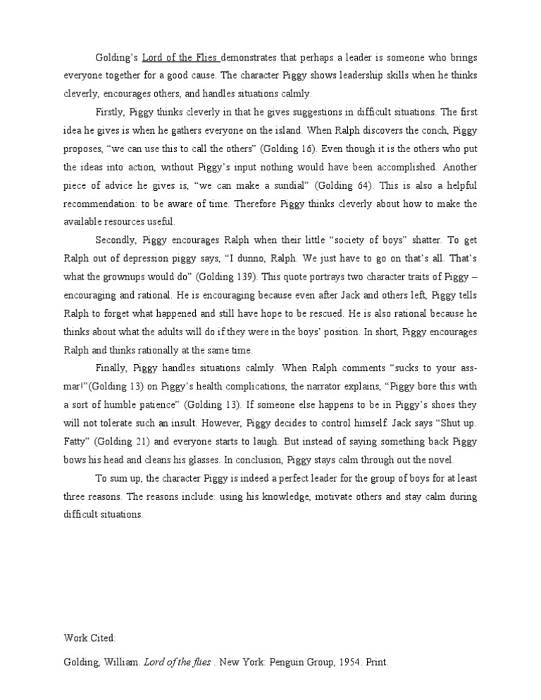 Lord of The Flies - Essay (Piggy) | PDF