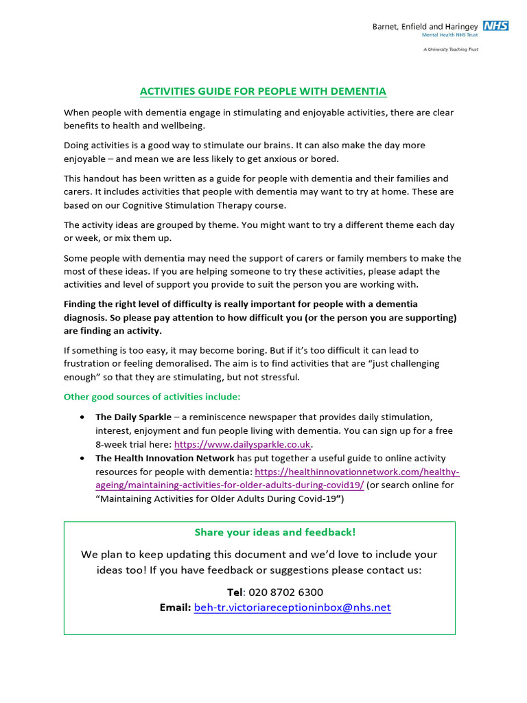 Activities Guide For People With Dementia | PDF | Dementia | Crossword