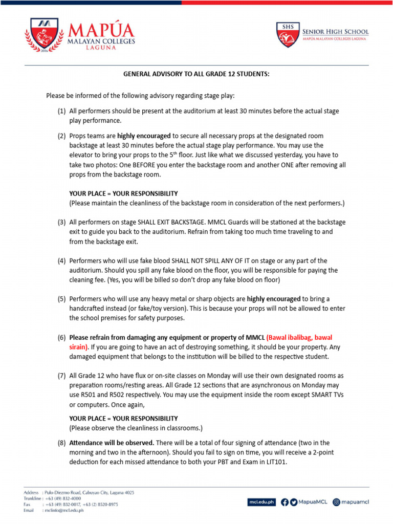 Stage Play General Advisory | PDF