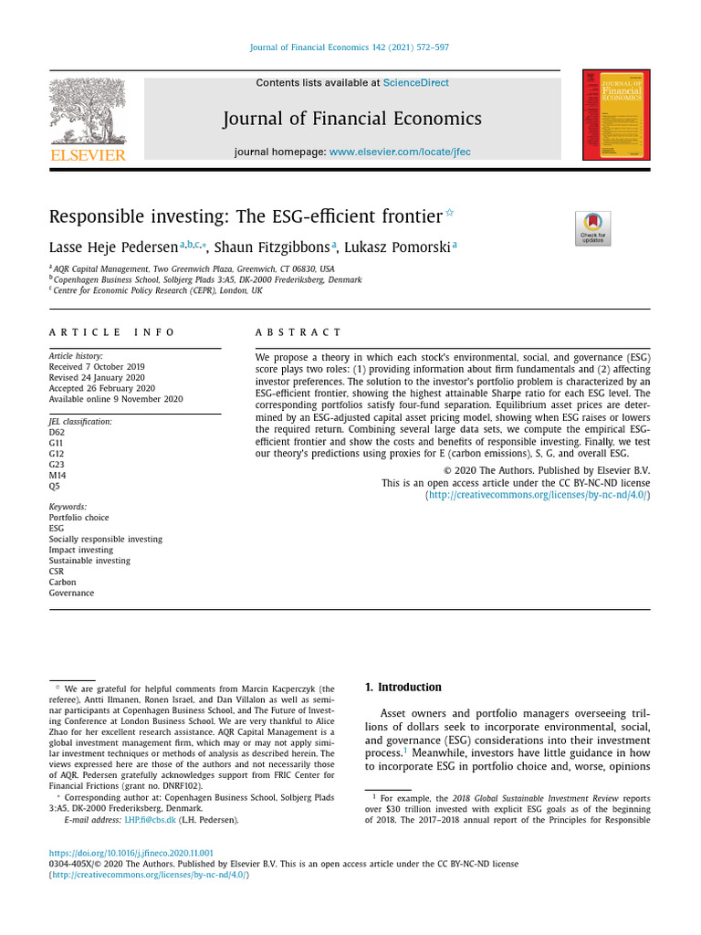 Pedersen Et Al. 2021 - Responsible Investing - The ESG-efficient Frontier | PDF | Modern ...