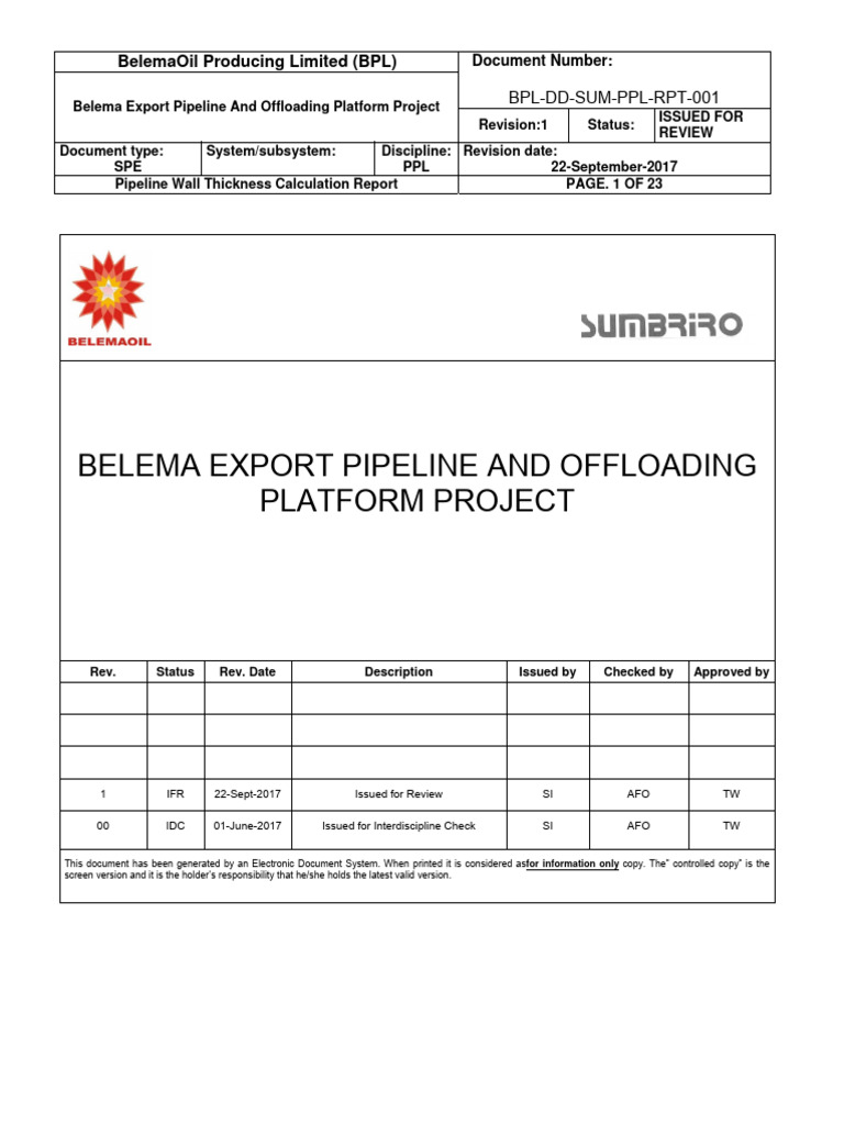 BPL-DD-SUM-PPL-RPT-001 - Pipeline Wall Thickness Calculation Report | PDF