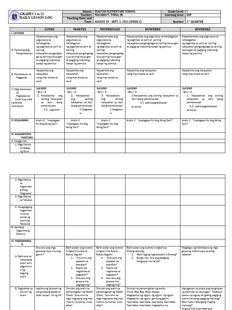 DLL - Esp 1 - Q1 - W2 | PDF