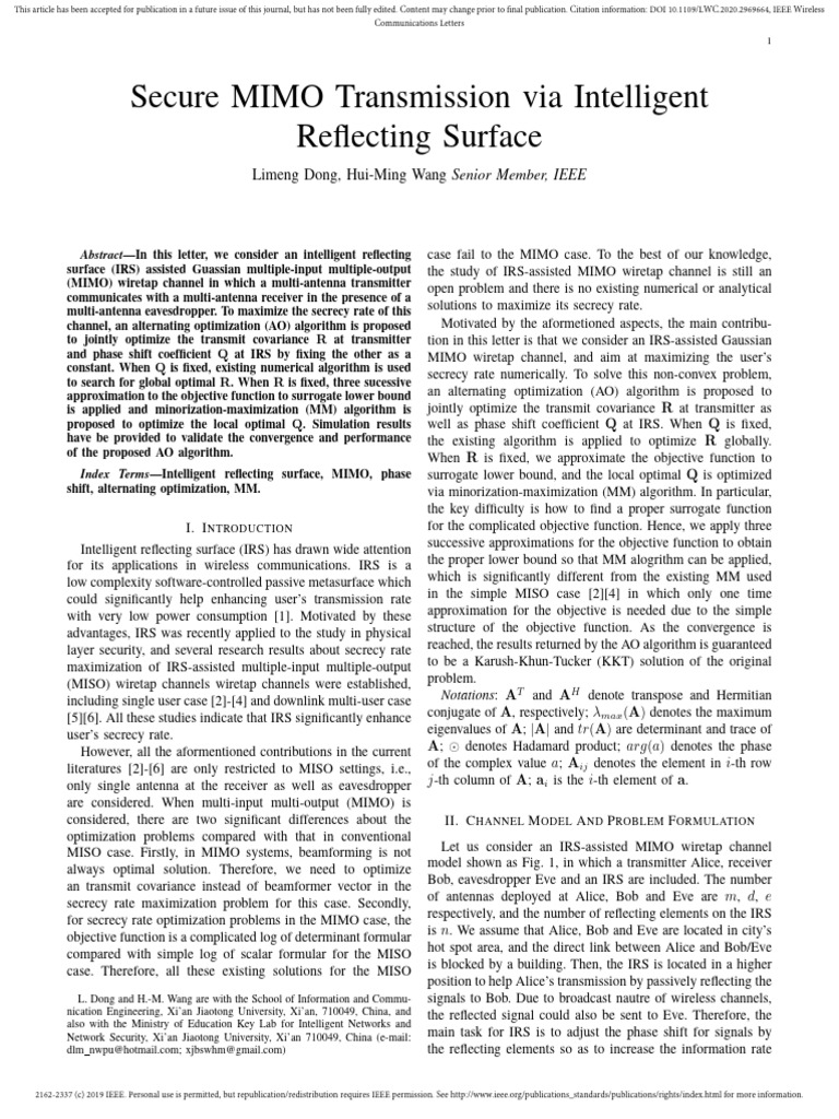 Secure MIMO Transmission Via Intelligent Reflecting Surface | PDF | Mimo | Mathematical Optimization