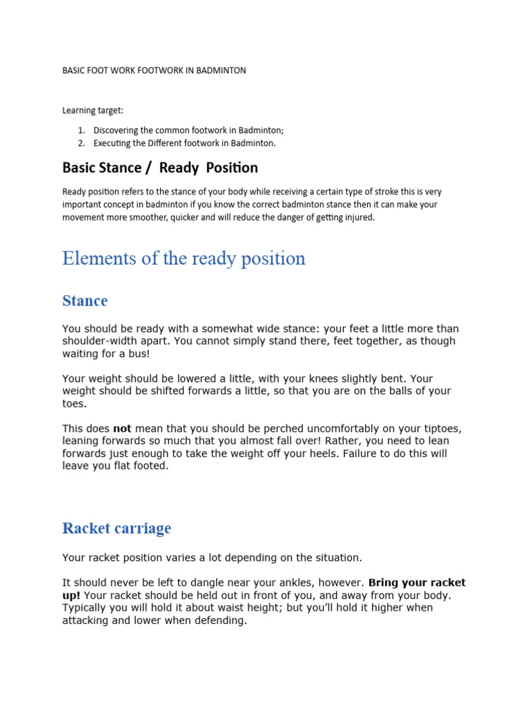 Basic Foot Work Footwork in Badminton | PDF