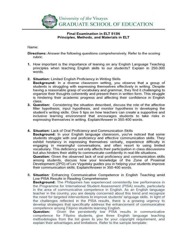 Final Examination in ELT 513N | PDF | English As A Second Or Foreign Language | Learning