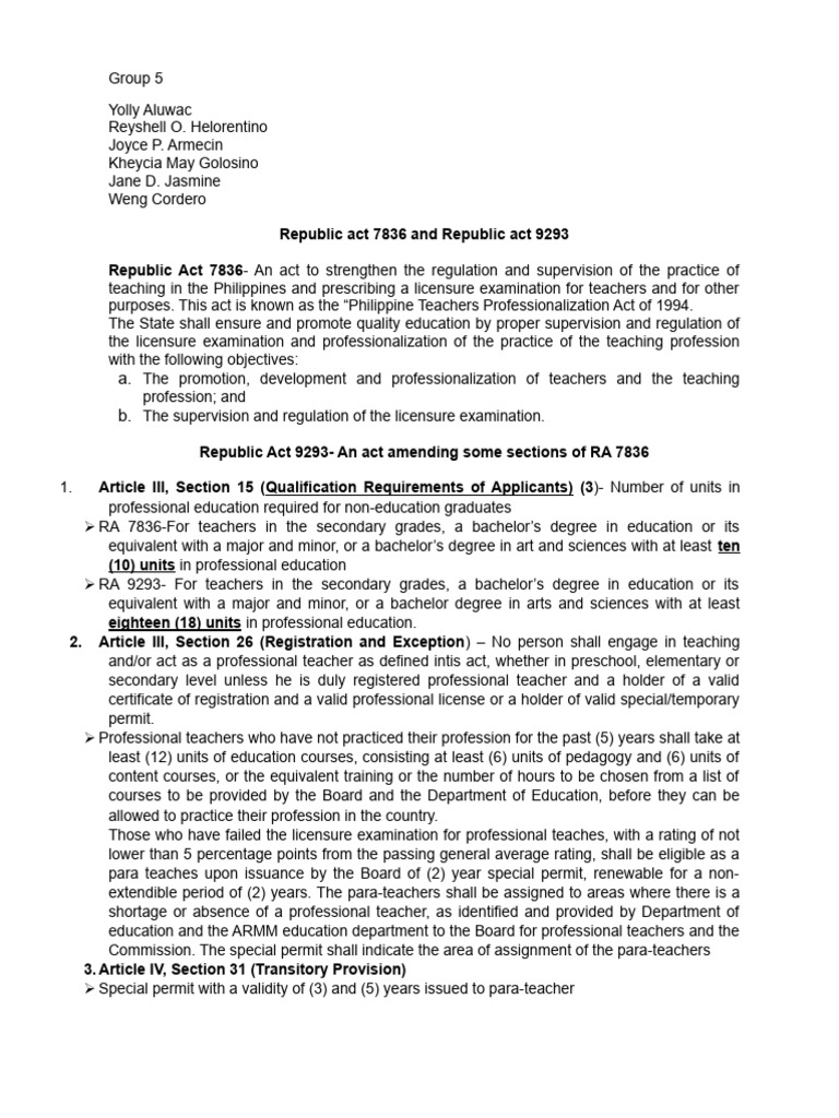 Group 5 Philippine Teachers Professionalization Act | PDF | Teachers ...
