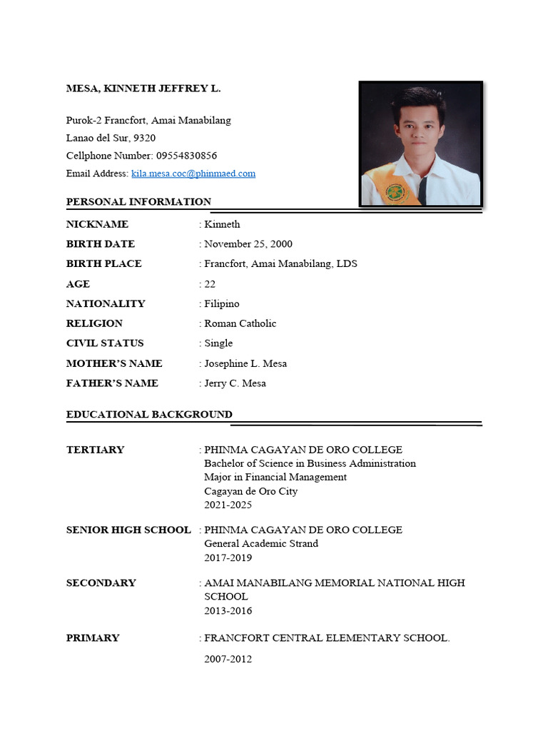 Curriculum - Vitae of Kinneth Jeffrey L. Mesa | PDF
