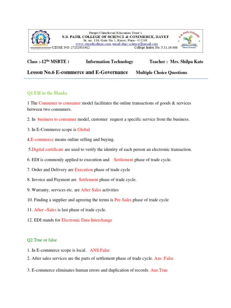 MCQ On - Lesson4.e-Commerce & E-Governance | PDF