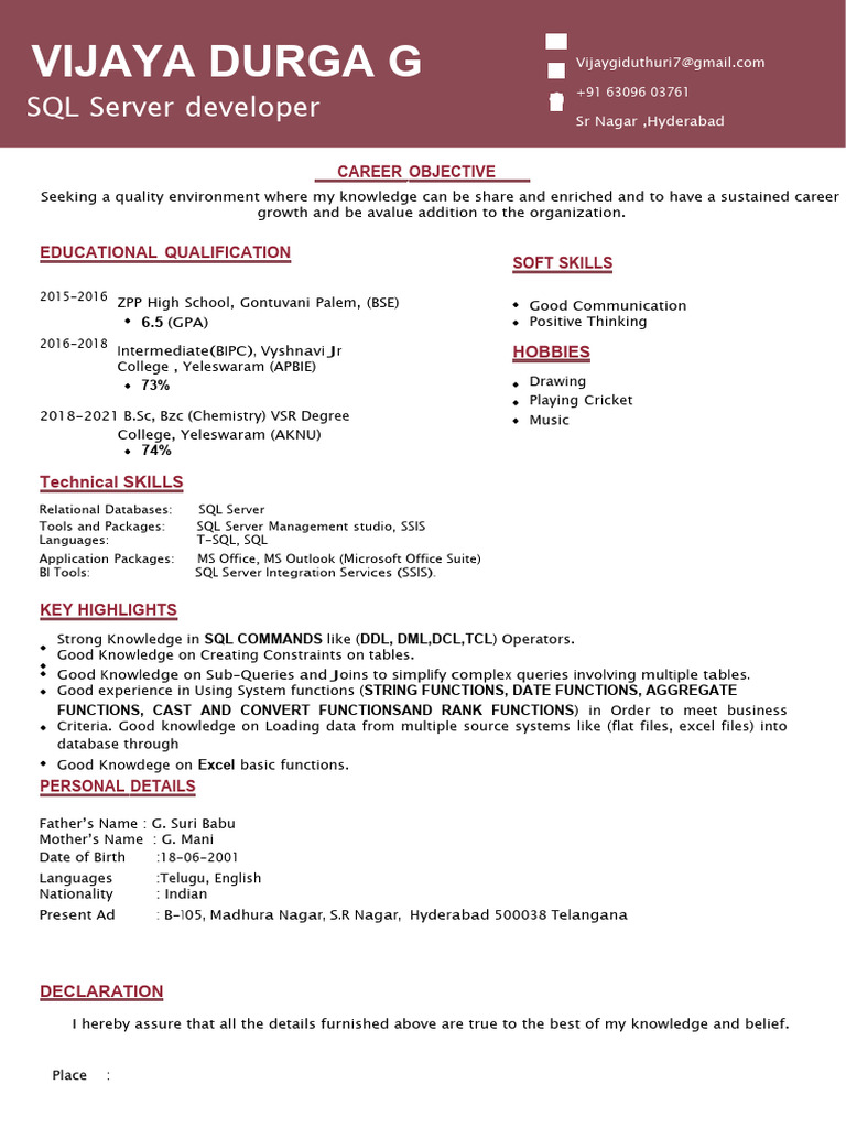 Vijaya Durga G | PDF | Sql | Microsoft Sql Server