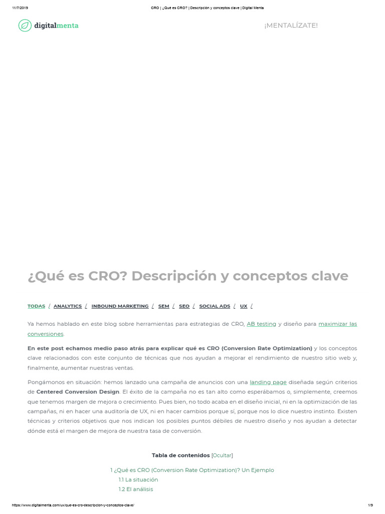 CRO _ ¿Qué es CRO_ _ Descripción y conceptos clave _ Digital Menta | PDF | Publicidad online ...