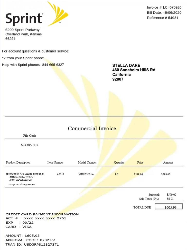 Sprint Invoice for iPhone 11 Purchase | PDF