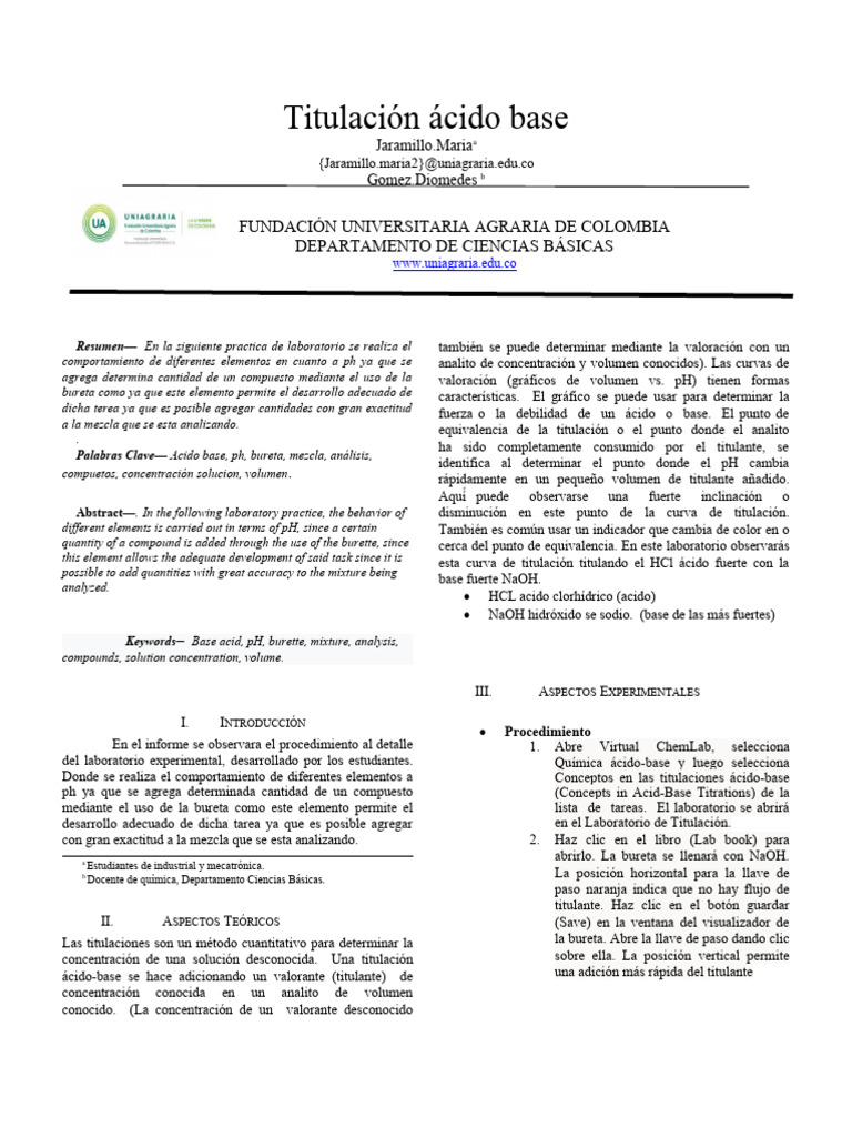 LABORATORIO TITULACION ÁCIDO BASE | PDF | Valoración | Química