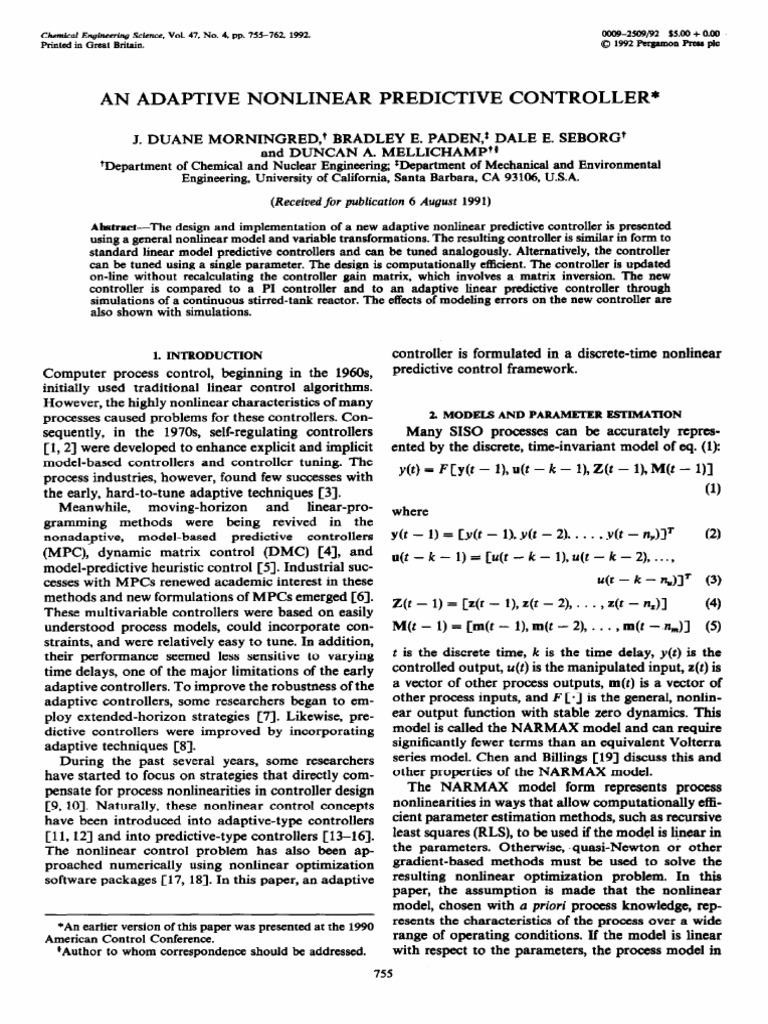An Adaptive Nonlinear Predictive Controller Pdf Control Theory Systems Science