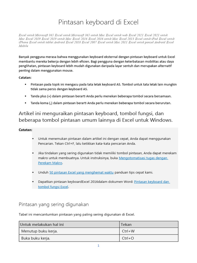 Pintasan Keyboard Di Excel | PDF
