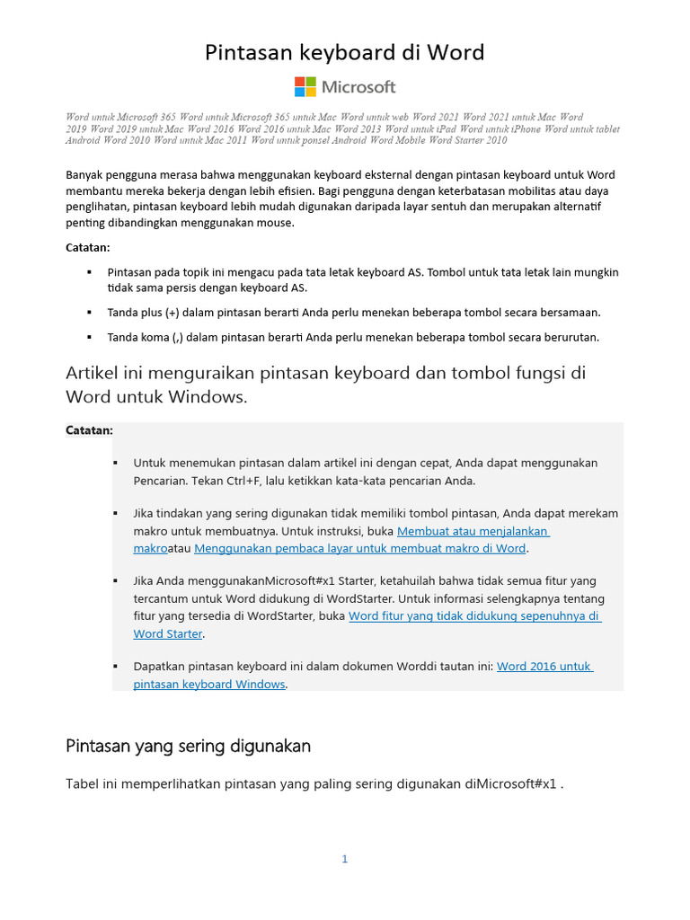 Pintasan Keyboard Di Word | PDF