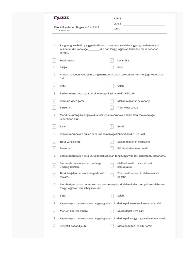 Latihan Pendidikan Moral Tingkatan 2 | PDF