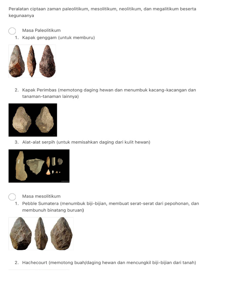 Peralatan Ciptaan Zaman Paleolitikum, Mesolitikum, Neolitikum, Dan | PDF