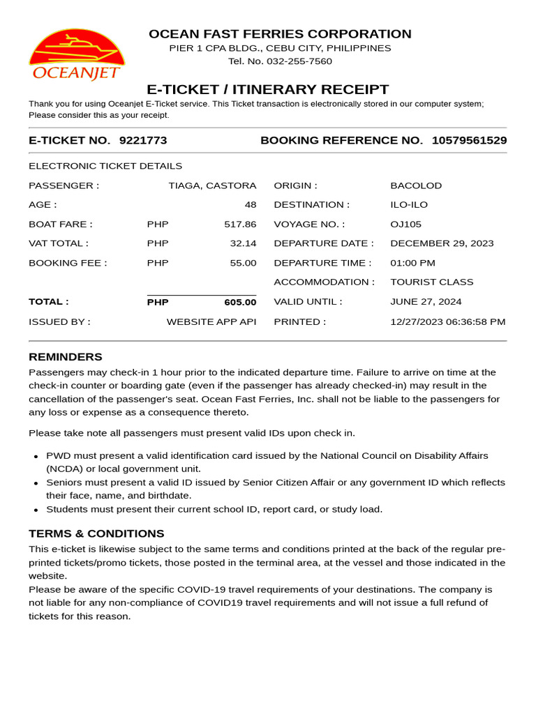 OCEANJET_BAC_ILO_TIAGA_CASTORA_2023_12_27 | PDF | Transport