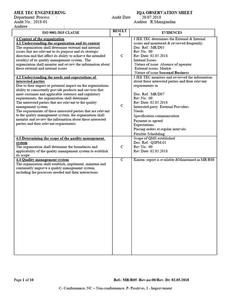 IQA Observation Sheet | PDF