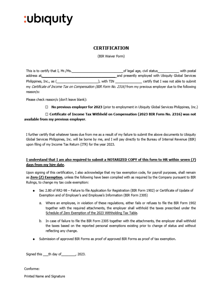2023 BIR Waiver 2316 | PDF