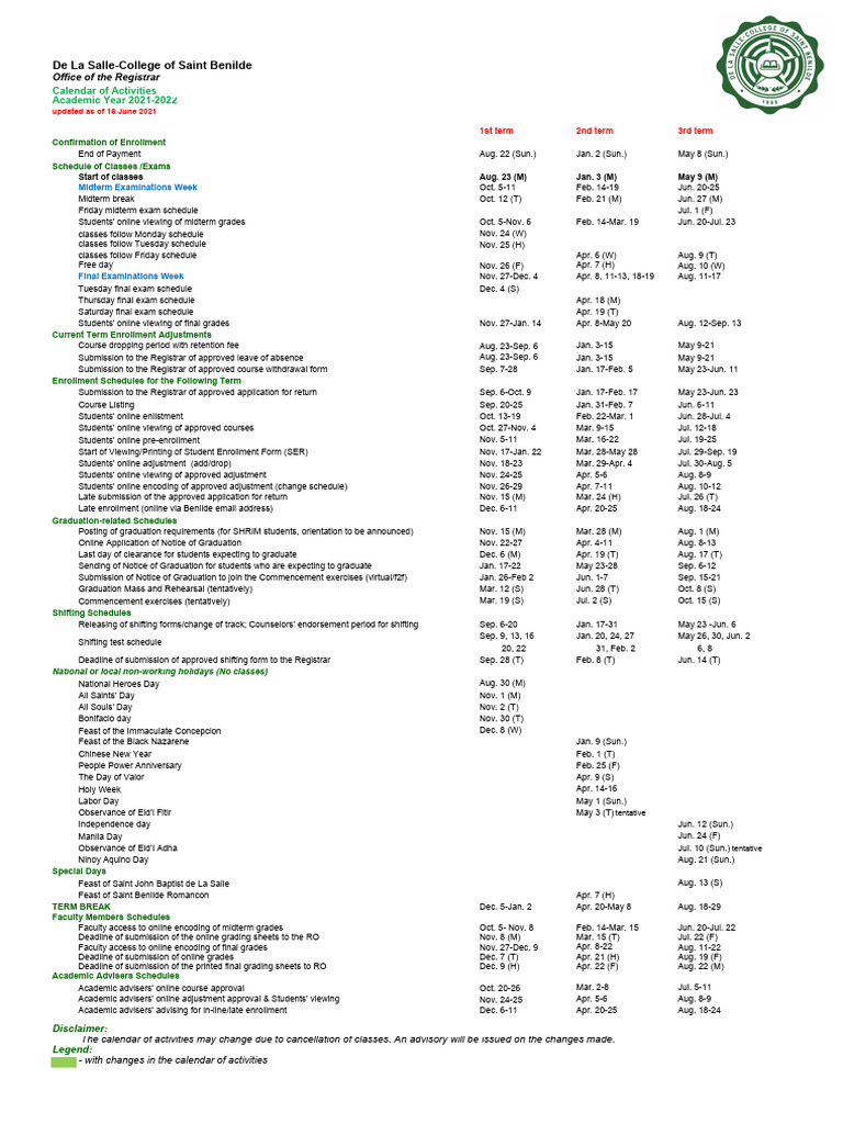 Benilde Academic Calendar 2021-2026 | PDF