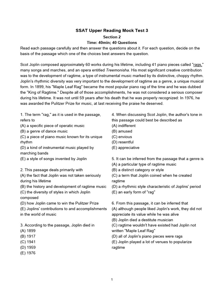 SSAT Upper Reading Mock Test 3 | PDF