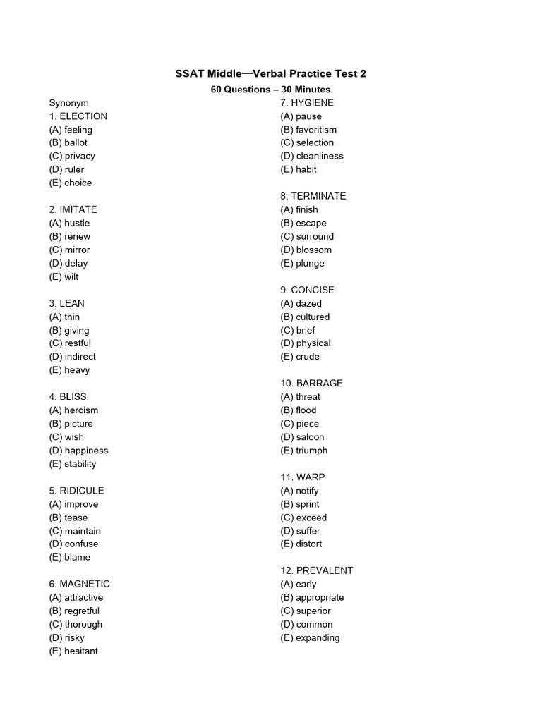 SSAT Middle Level Verbal Practice Test | PDF