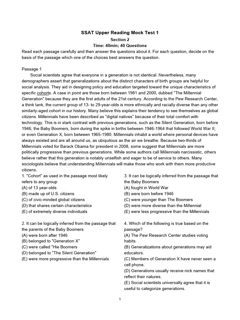 SSAT Upper Reading Mock Test 1 | PDF | Millennials