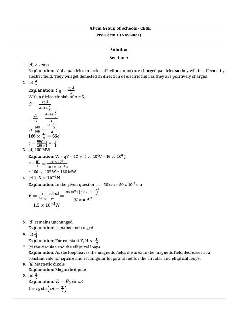 Class 12 Physics Pre-Term 1 Physics Answer Key | PDF | Magnetic Field | Series And Parallel Circuits