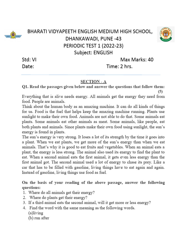 Class VI English Test Paper | PDF | Language Arts & Discipline ...