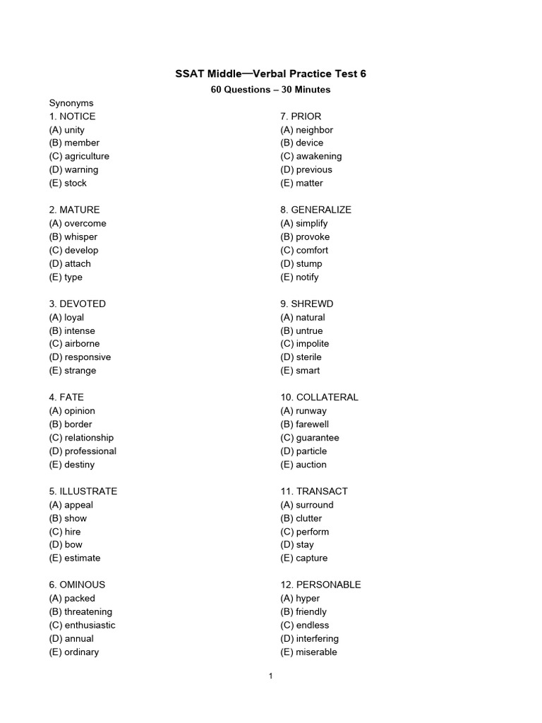 SSAT Middle Verbal Practice Test 6 | PDF