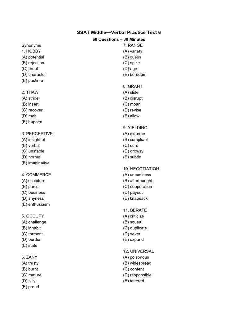 SSAT Middle Verbal Practice Test 5 | PDF