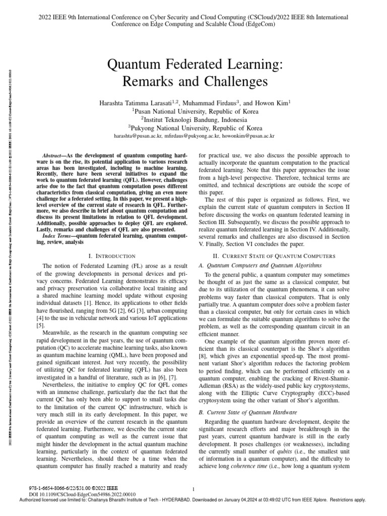 Quantum Federated Learning Remarks and Challenges | PDF