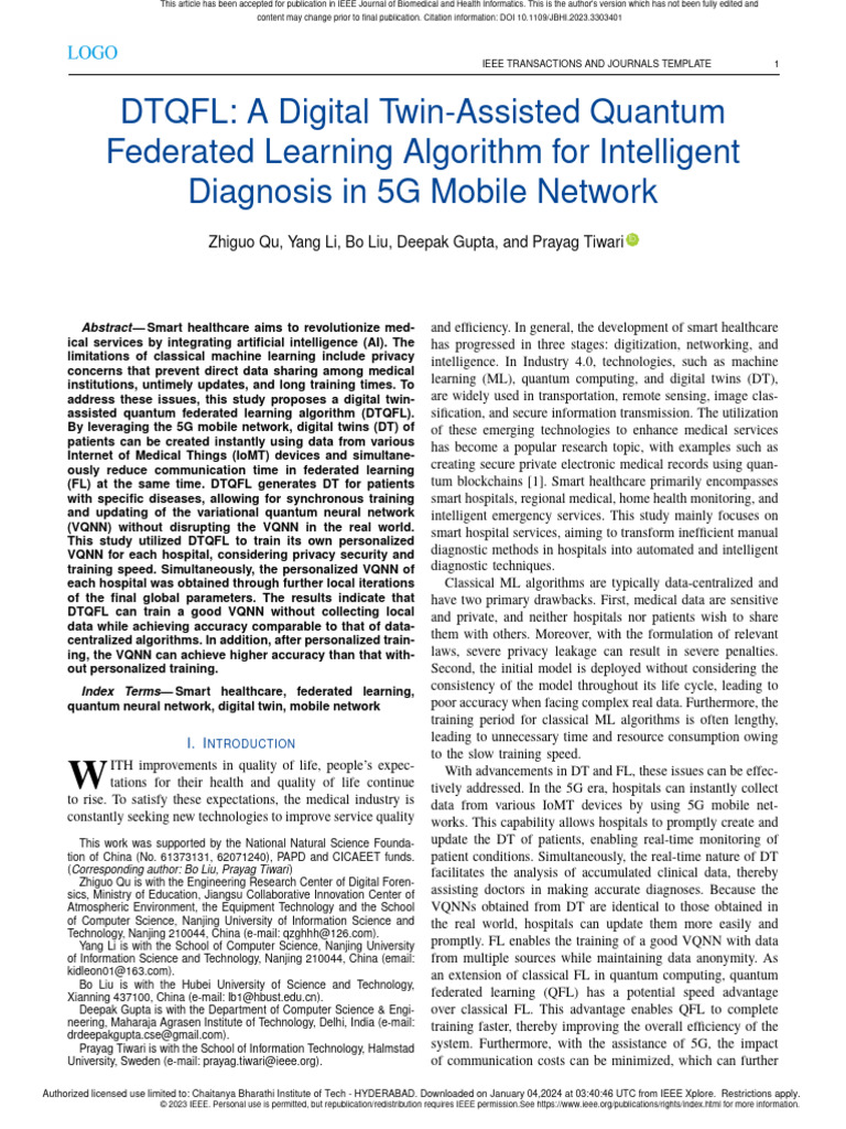 DTQFL A Digital Twin-Assisted Quantum Federated Learning Algorithm For Intelligent Diagnosis in ...