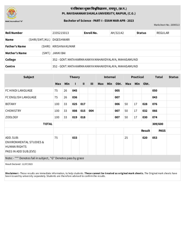 Pt. Ravishankar Shukla University Student Result Page | PDF
