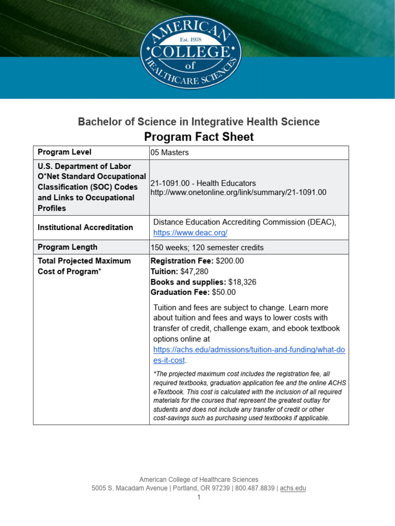 BS IHS Program Fact Sheet 1 | PDF | Dietitian | Medicine