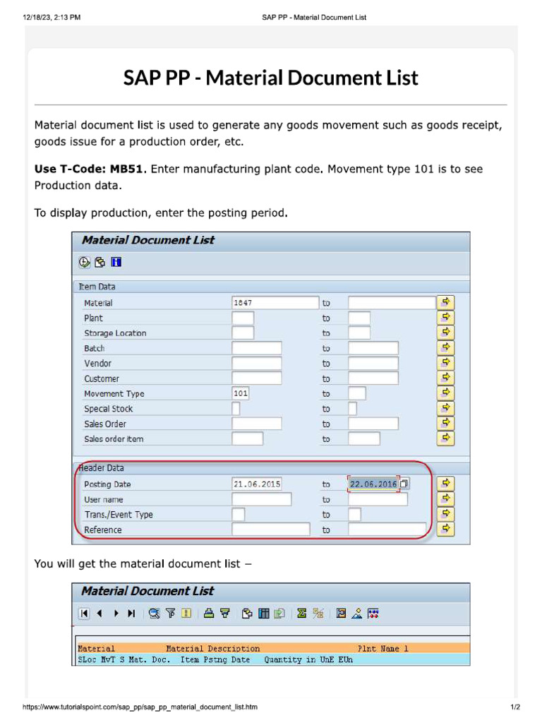 25 SAP PP - Material Document List | PDF