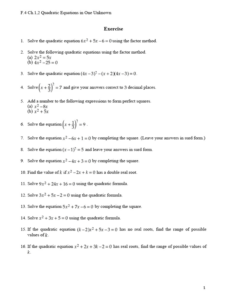 Solving Quadratic Equations in One Unknown | PDF