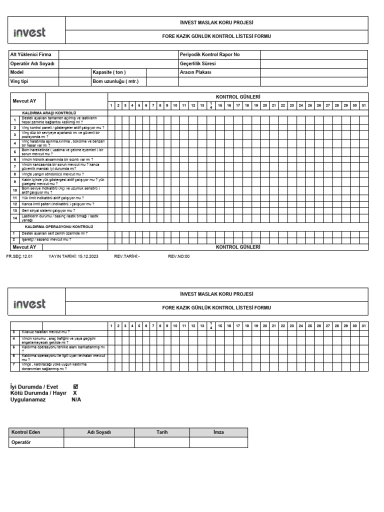FR - SEC.12.01 Rev.0, Mobil Vinç Günlük Kontrol Listesi Formu | PDF