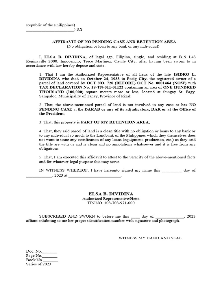 Fruit Kingdom Affidavit Of No Pending Case And Retention Area Pdf 