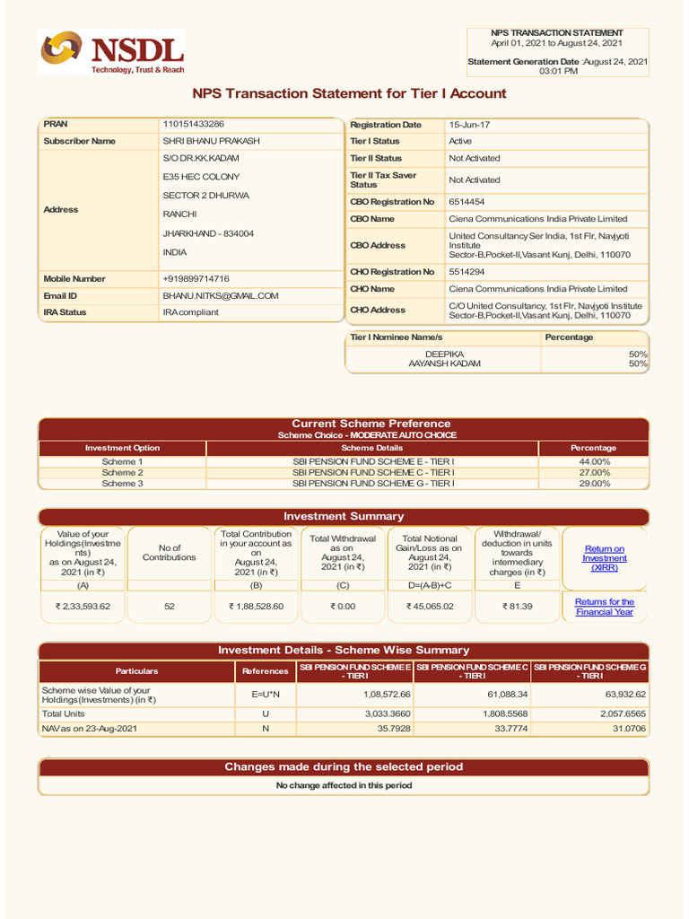 NPS Transaction Statement For Tier I Account: Current Scheme Preference ...