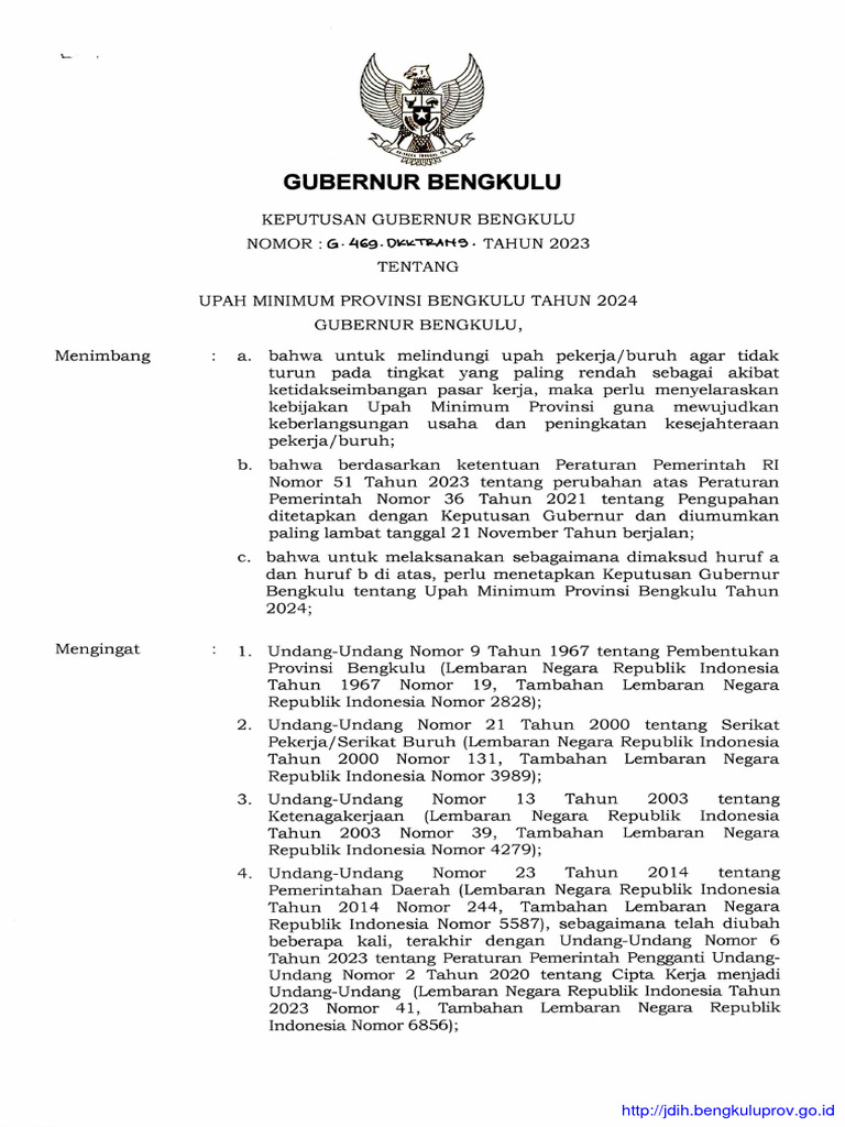 Umk Bengkulu 2024 Keputusan Gubernur Pdf