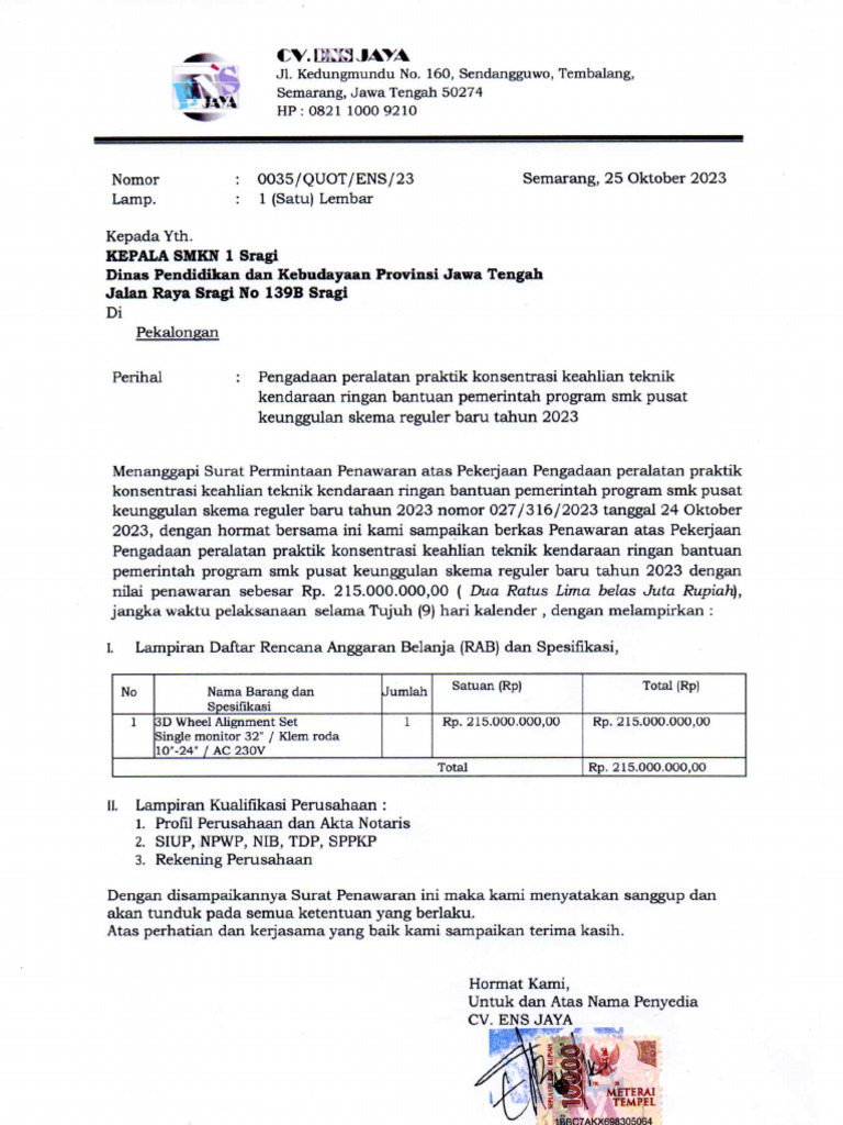 Surat Penawaran - Ens Jaya | PDF