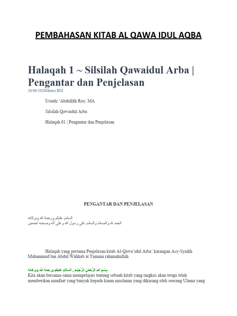 Pembahasan Kitab Al-Qawa'idul Arba | PDF